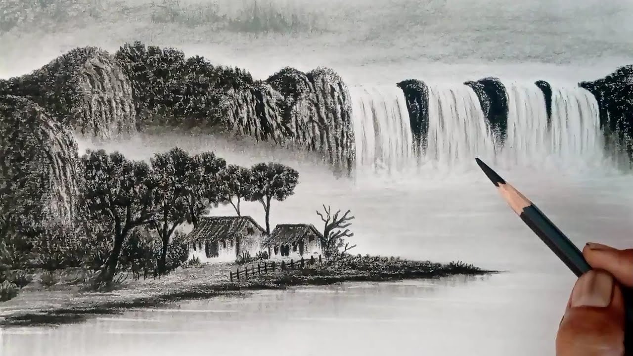 Waterfall Nature Beautiful Pencil Drawing