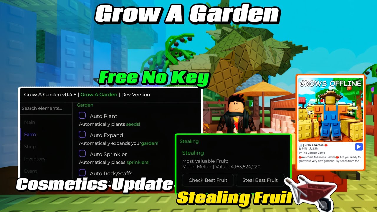 GROW A GARDEN SCRIPT NO KEY NEW COSMETICS UPDATE STEALING FRUIT, AUTO ...