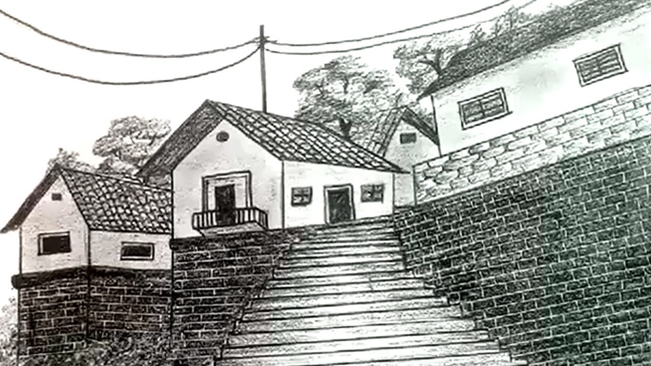 Simple House Drawing - How to Draw a Beautiful Hill House with a Pencil ...