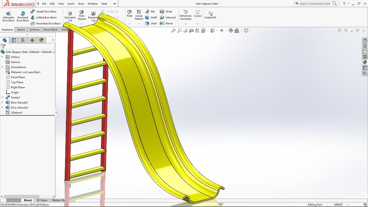 SolidWorks Tutorial How to use Swept Boss Base (Slippery Slide for Kids ...