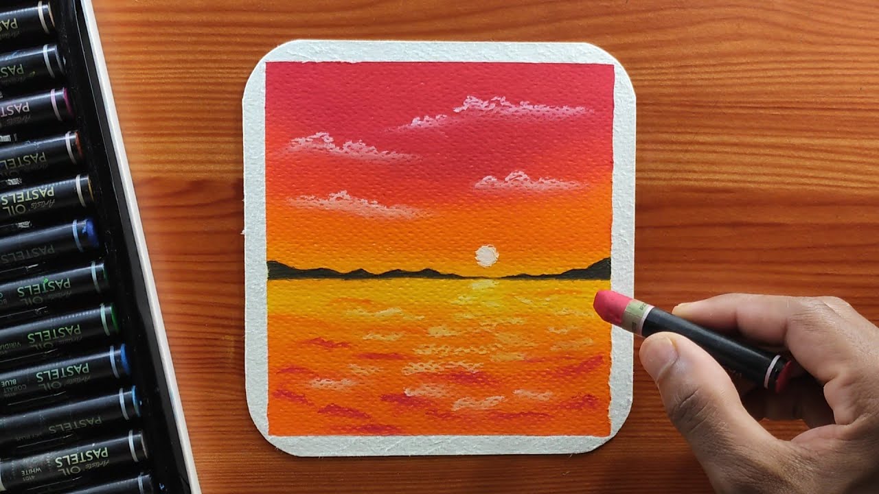 Beautiful sunset drawing with oil pastel | Oil pastel drawing for ...