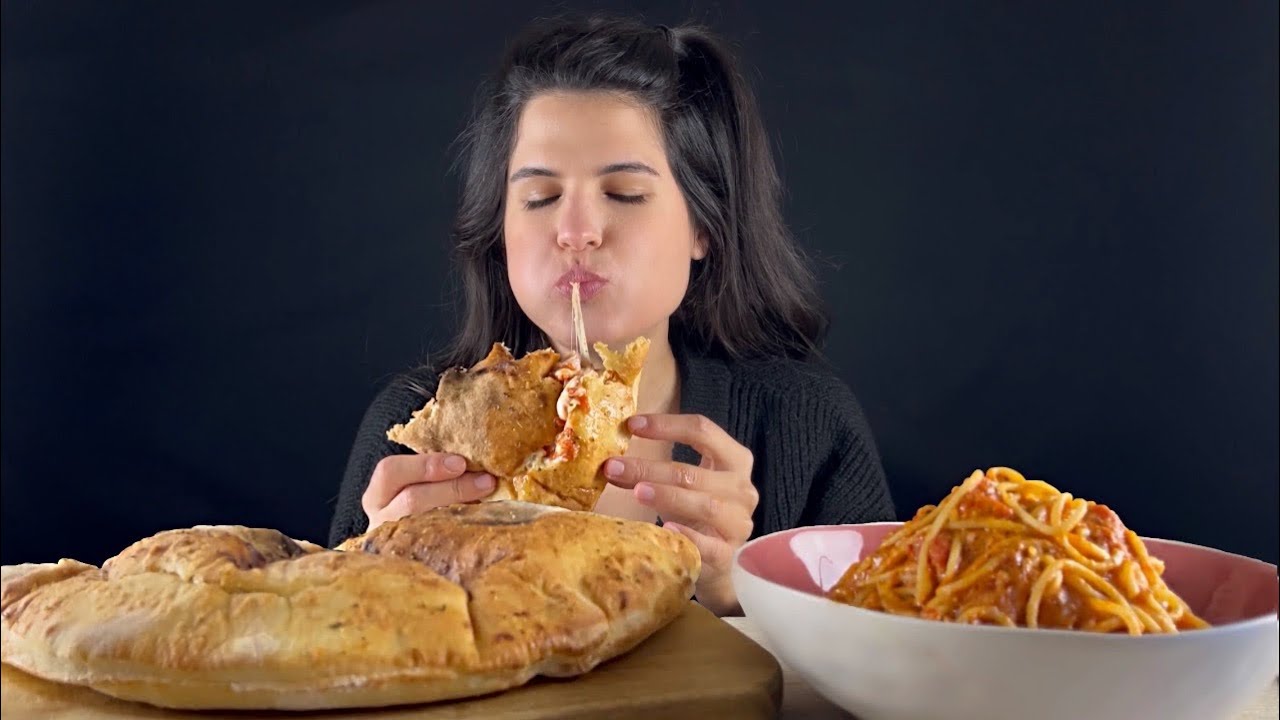 CHEESE & HAM CALZONE AND RED SAUCE PASTA | MUKBANG | ASMR - YouTube