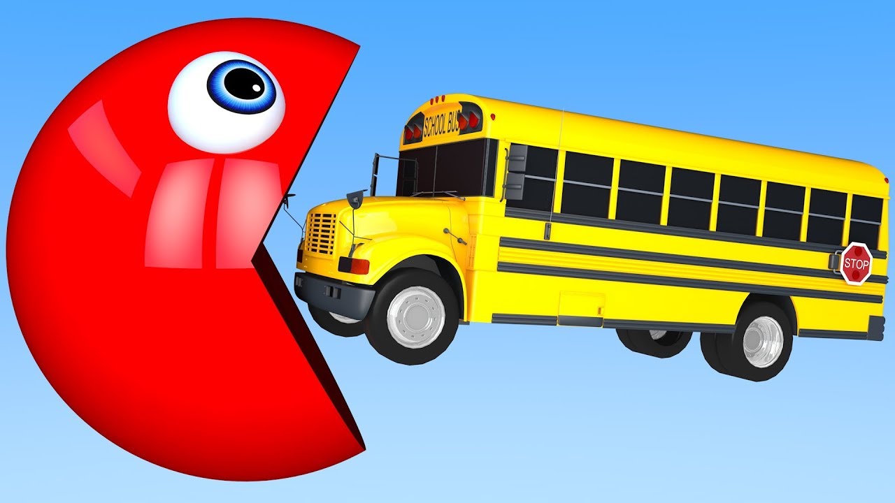Learn Colors with PACMAN and Excavator School Bus Friend Street Vehicle ...