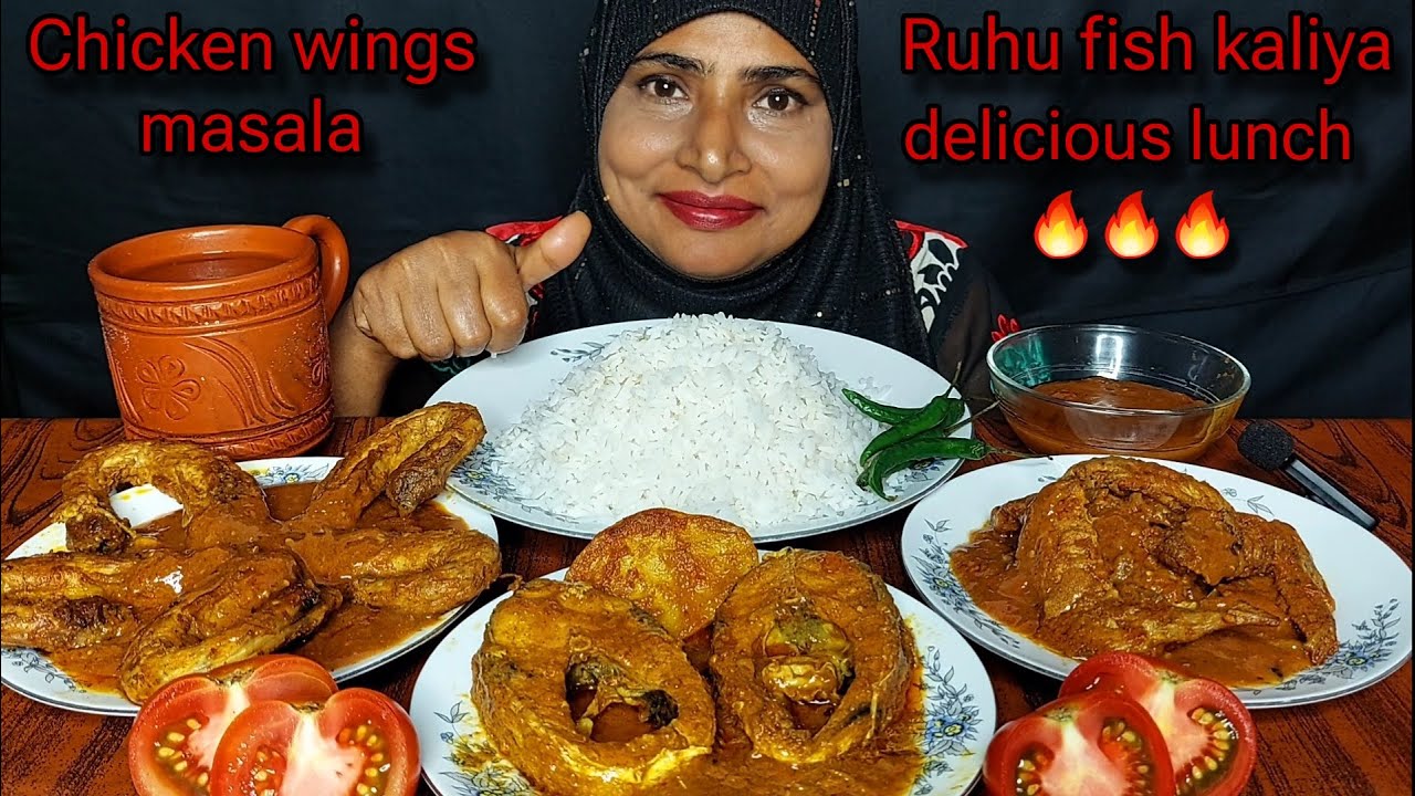 EATING RUHU FISH KALIYA, CHICKEN WINGS MASALA WITH RICE, EATING ASMR ...