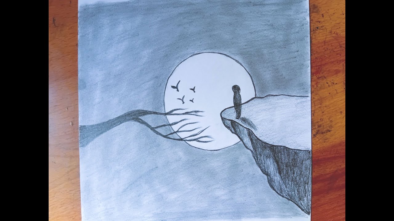 Moonlight and Birds Pencil drawing 2025/Moon/Sky /Birds/Trees ...