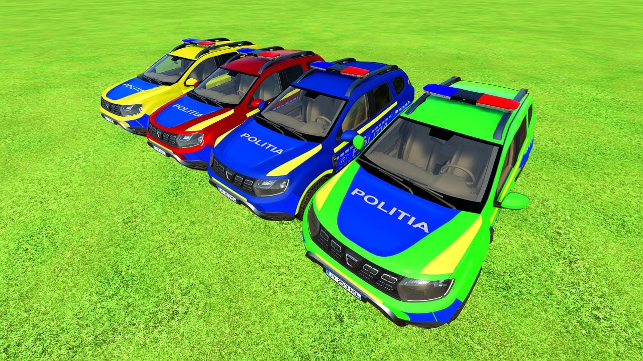 POLICE CARS OF COLORS ! TRANSPORTING POLICE DACIA DUSTER WITH MAN TRUCK ...