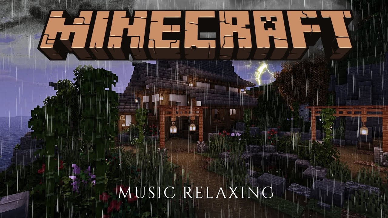 Rainy night on the roof of the villa🌨 / Minecraft Music + Rain ...