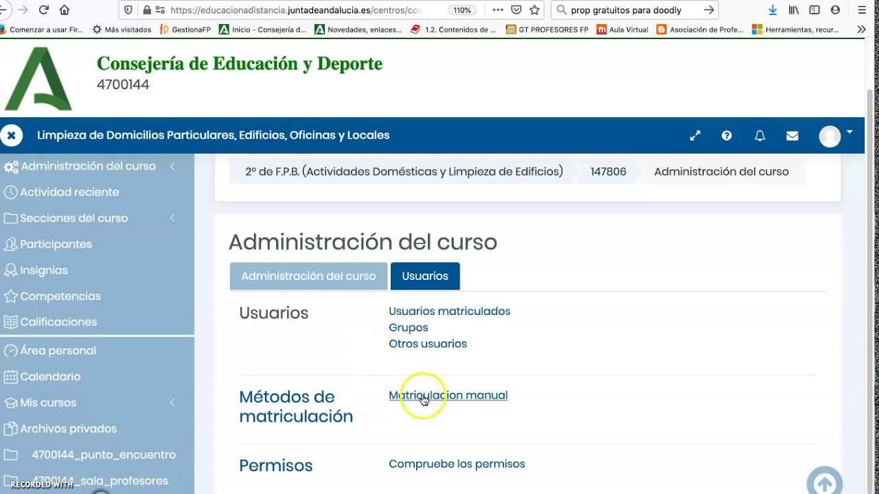 Tutorial de apoyo al profesorado de FP. Gestión de aulas virtuales: Matriculación Manual Alumnos ...