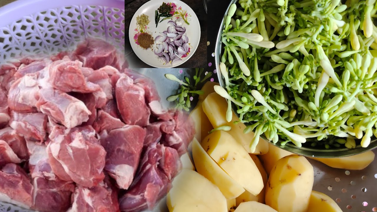 #Mutton with potato and rice flour with papaya flower recipe//bodo dish ...