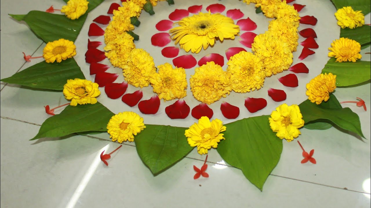 Simple and easy pooja room decoration/flower rangoli - YouTube