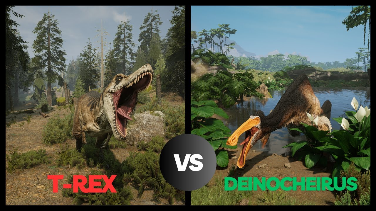 Path of Titans T-rex vs 3 Deinocheirus - YouTube
