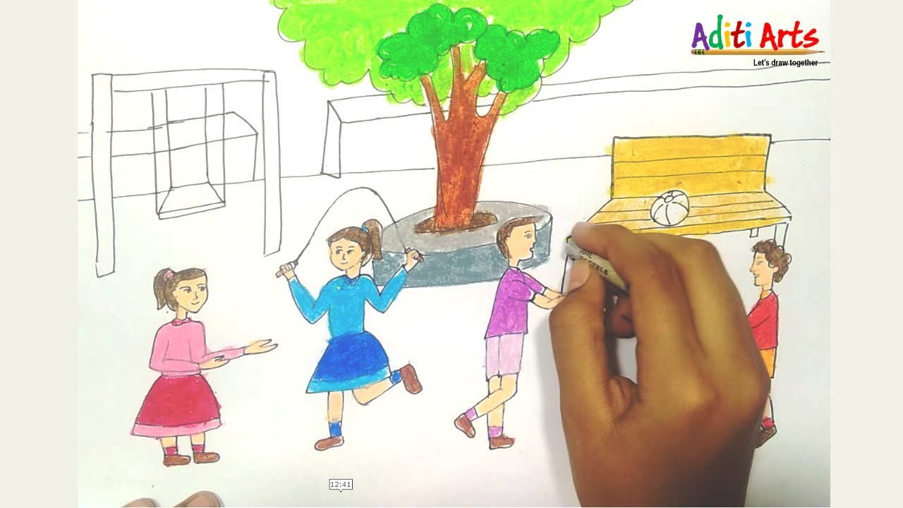 Playground Drawing for Kids | Garden Drawing for Kids | Kids Playing in ...