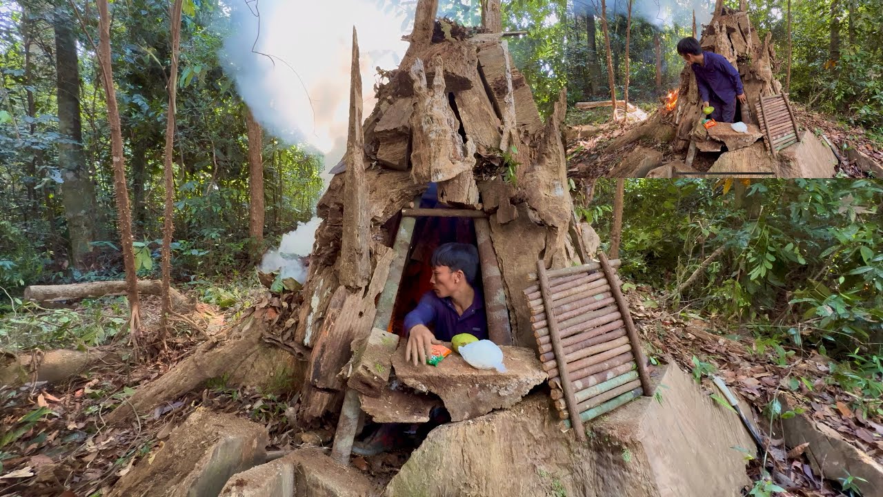 Building a Shelter House in a Giant Tree Root to Survive Deep in the ...