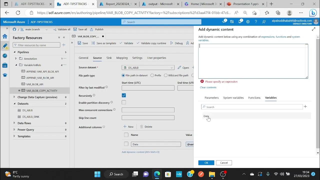 Tips#9 PART2 - How to write a variable to Azure Blob Storage using ADF or Azure Synapse Pipeline ...