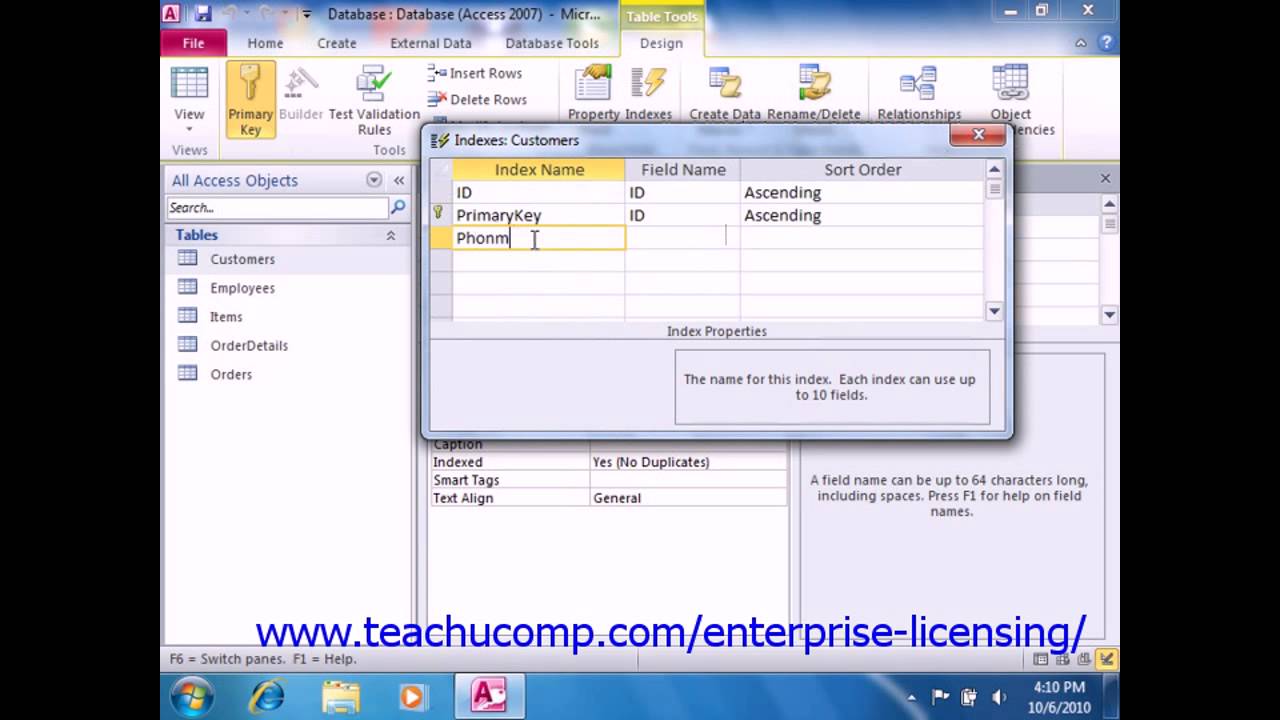 Microsoft Office Access Tutorial 2010 Indexing Tables Lesson 6.2 ...