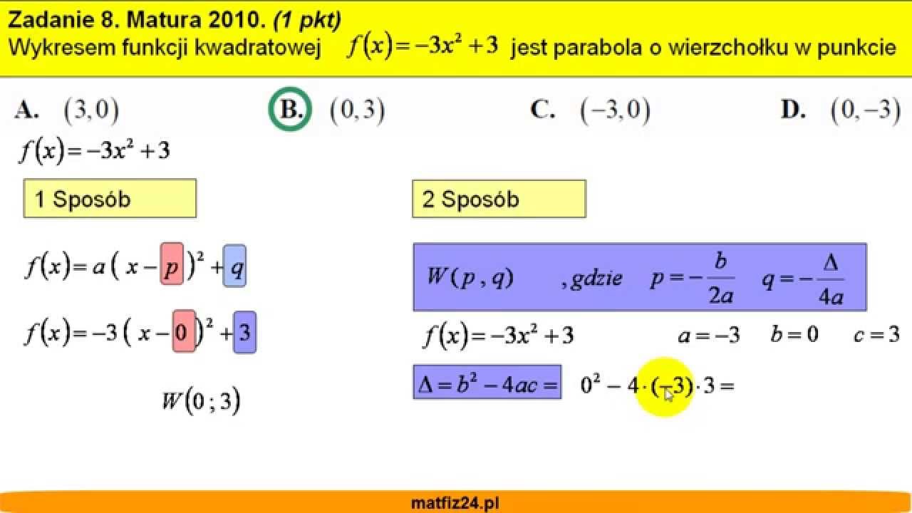 Matura z matematyki 2010 - zad 8 - Wierzchołek paraboli - Matfiz24.pl ...