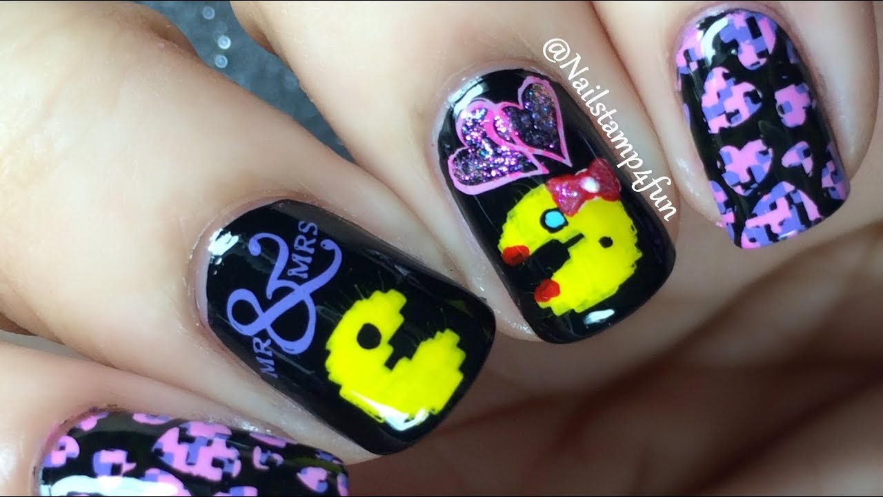How to: Mr and Mrs Pac-Man Nail Art Stamping - YouTube