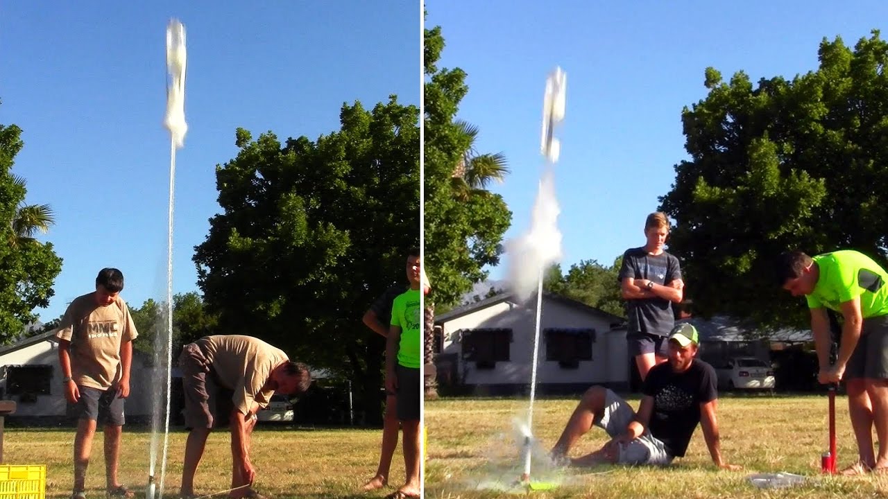Unique water-rocket launcher-mechanism - test launches - YouTube
