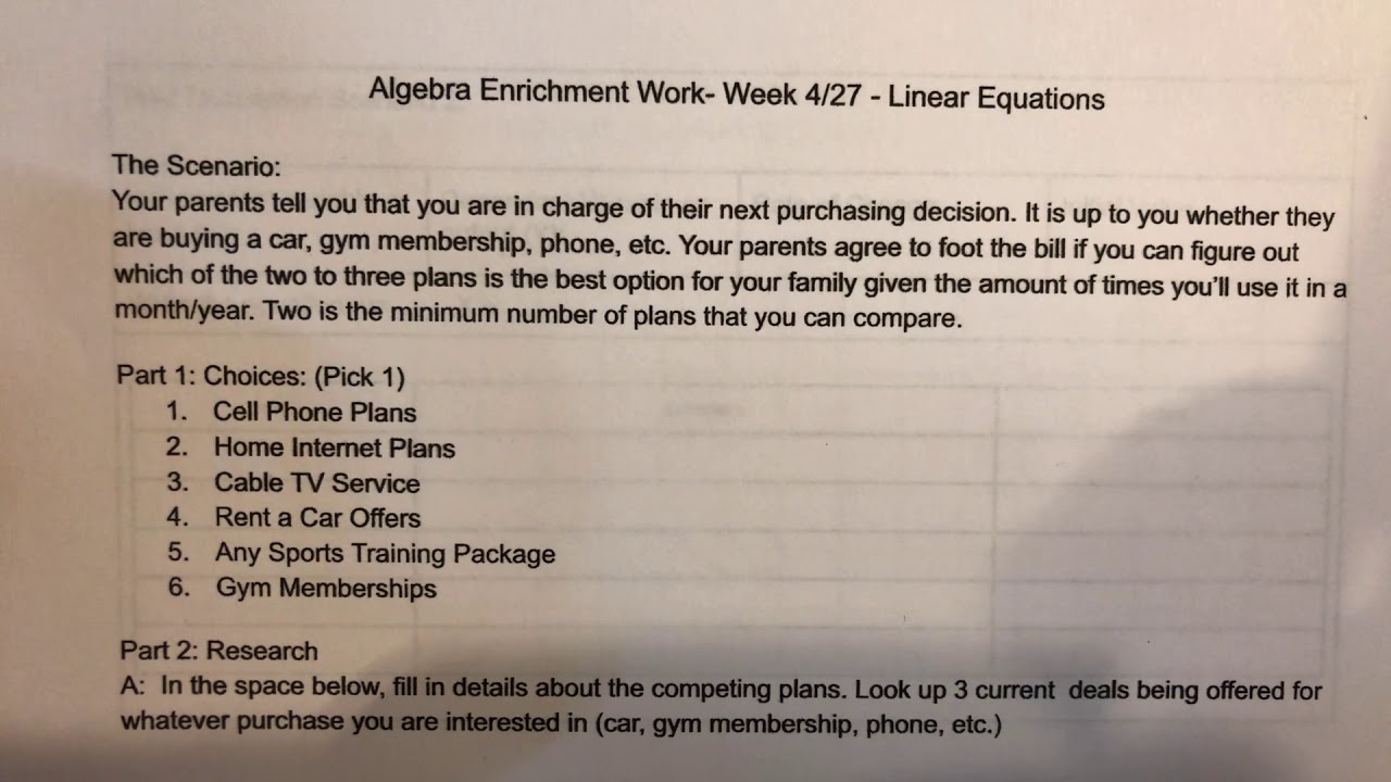Video 1 - 4/27 Linear Equations Enrichment Work - YouTube