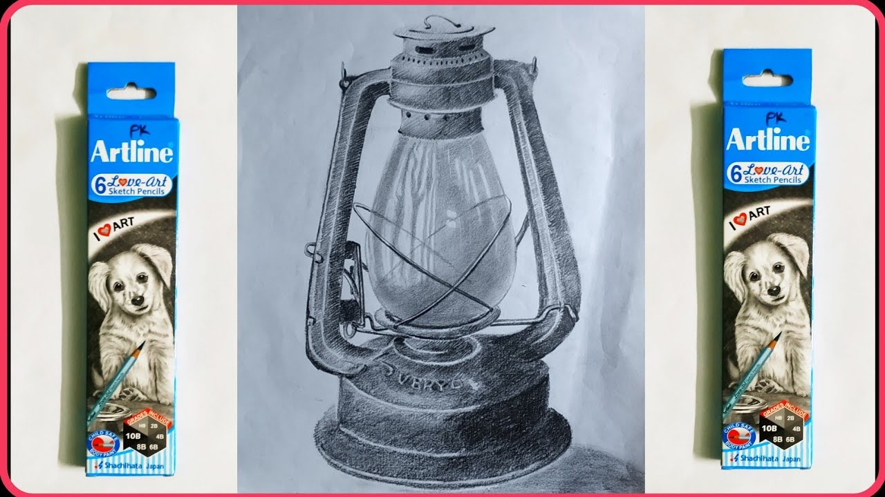 still life drawing//old Lantern lamp drawing//Hurricane lamp pencil ...