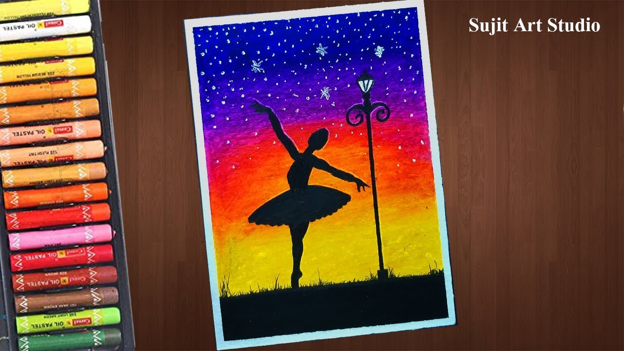 How to Draw Sunset Girl Dance Scenery with Oil Pastels - Step by Step ...