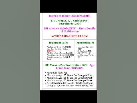 BIS Various Group A, B, C Post Exam Admit Card Released#SarkariResult #BIS Click to Download ...