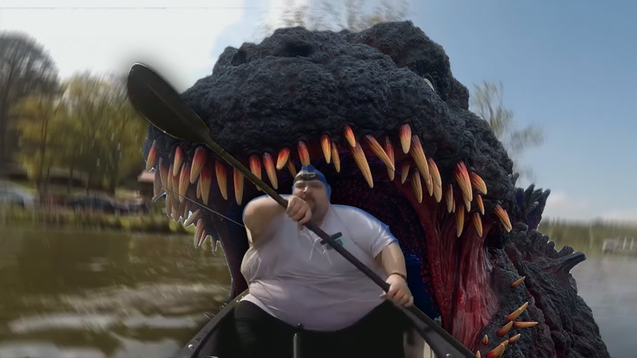 Fat guy in canoe sees Godzilla underwater - YouTube