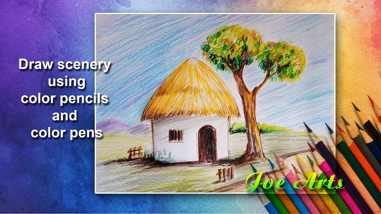 Draw a scenery using color pencils and color pens - YouTube
