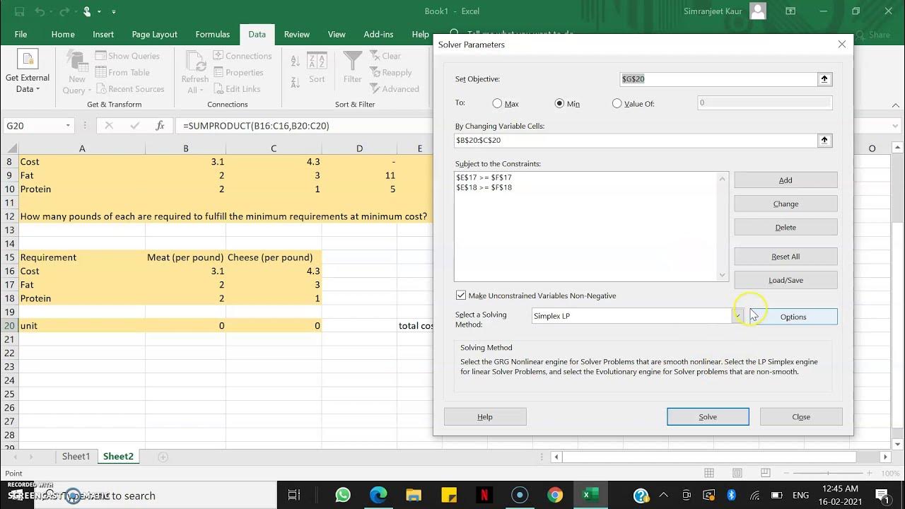 Linear Programming- Solver (Minimization problem) - YouTube