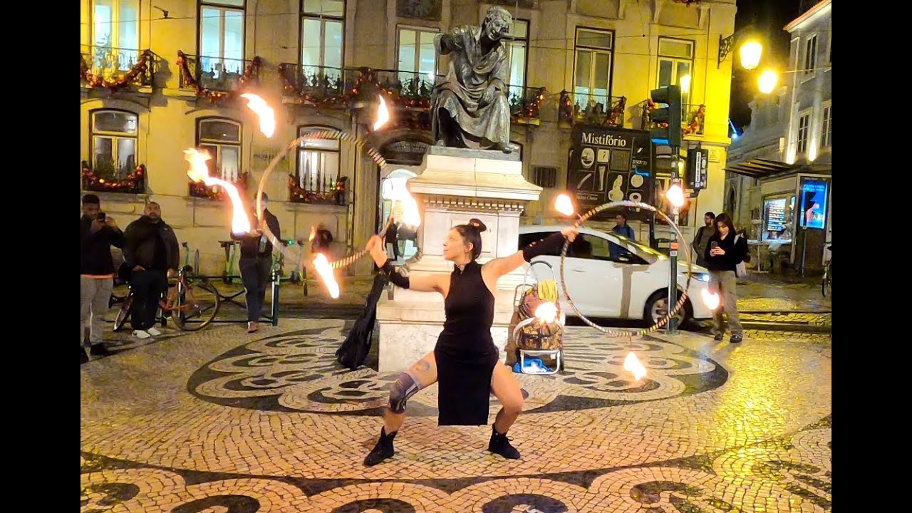 Lisbon Chiado : Fire artist BLOOMAYA hula hoop fire show - YouTube