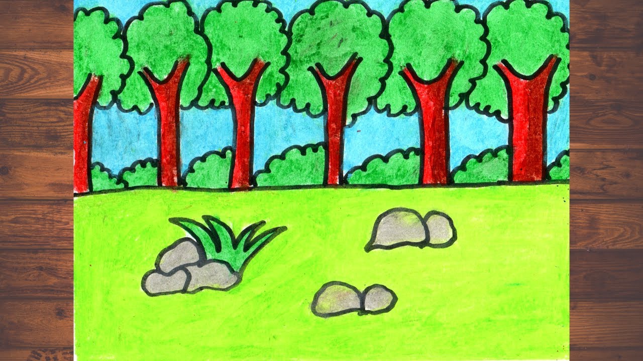 Beautiful forest scene drawing| oil pastel drawing| forest scenery ...