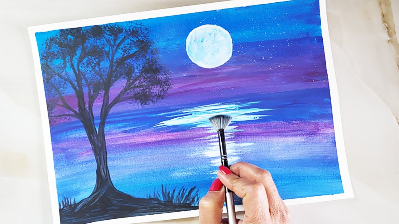 Beach Moon Light Scenery / Night Acrylic Painting Step by Step Tutorial ...