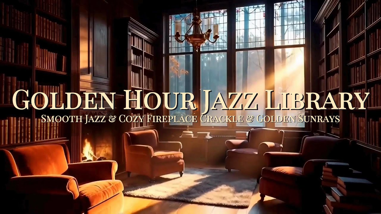 Golden Hour Jazz Library Cozy Fireplace Crackle & Smooth Jazz & Golden ...