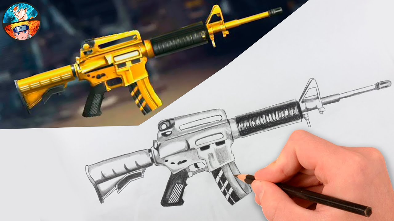 FREE FIRE DRAWING NEW GOLDEN M4A1 - HOW TO DRAW GUN GOLDEN M4A1 ...