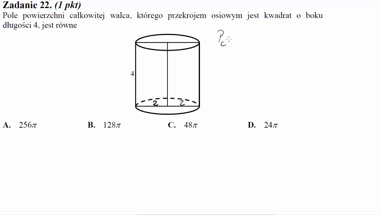 Pole powierzchni całkowitej walca, którego przekrojem osiowym jest ...