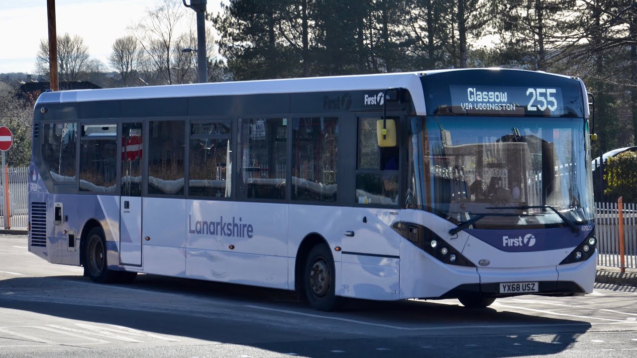 Slow Route: First Glasgow 67023 (YX68USZ) Alexander Dennis E20D/Enviro ...