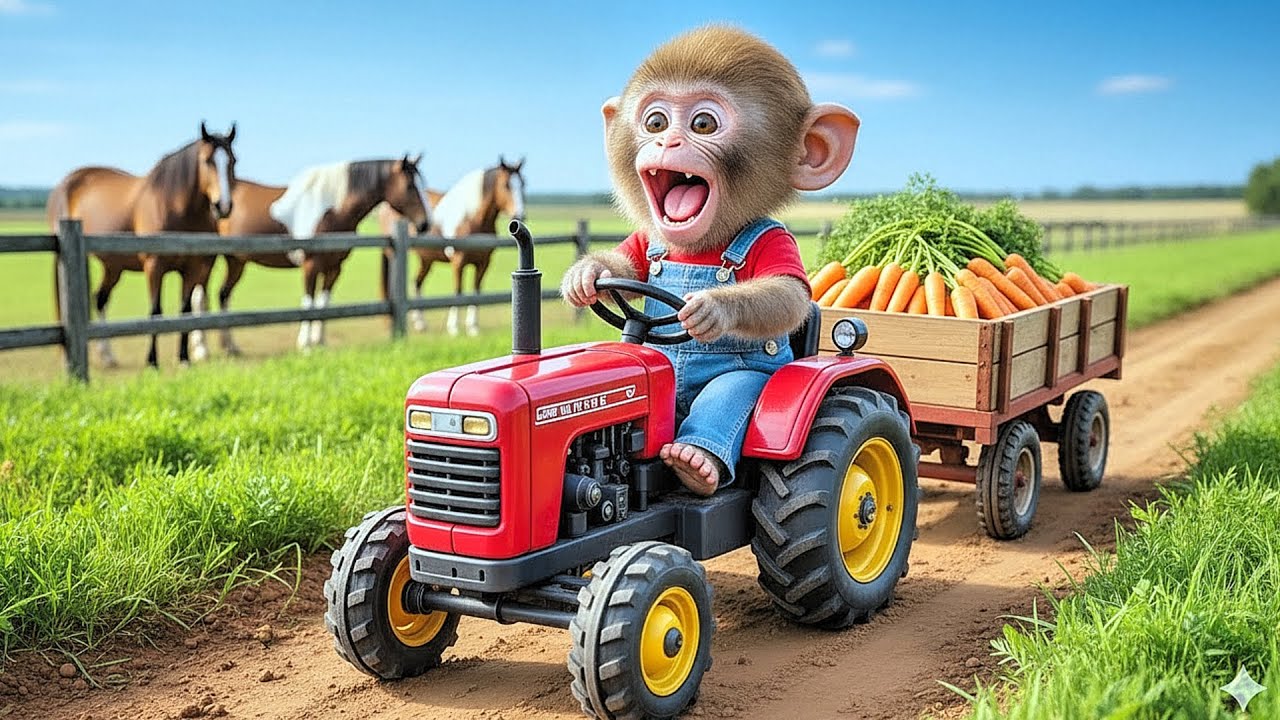 Baby Monkey NaNa Drives Tractor To Deliver Carrots To Farm Horses - YouTube