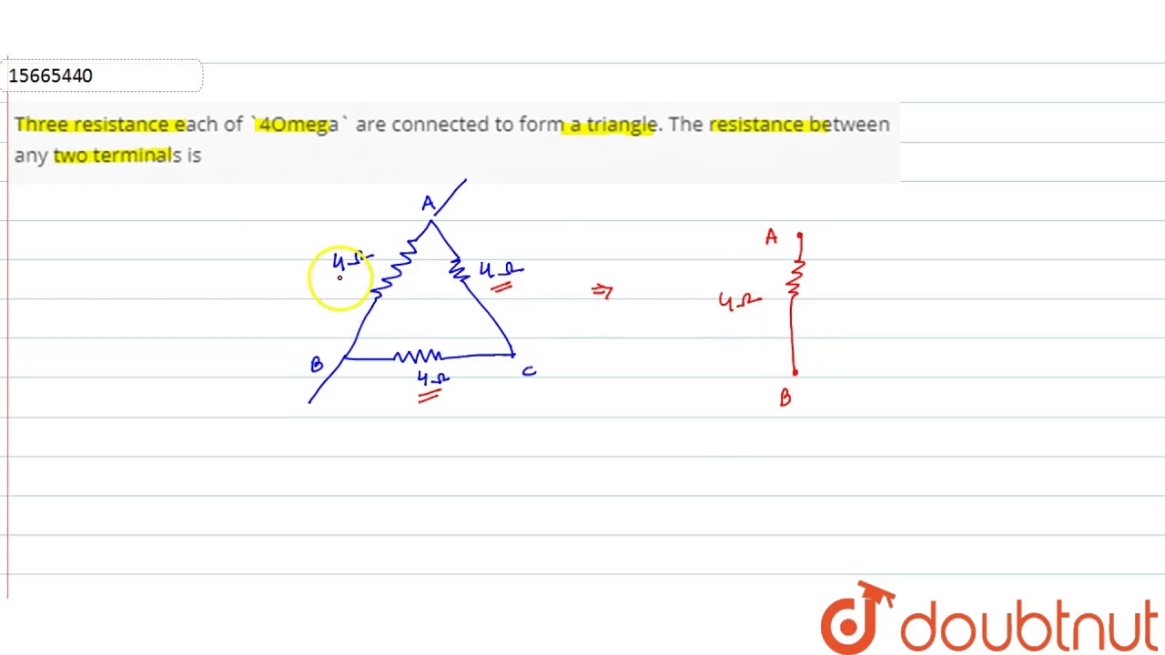 Three resistance each of `4Omega` are connected to form a triangle. The ...