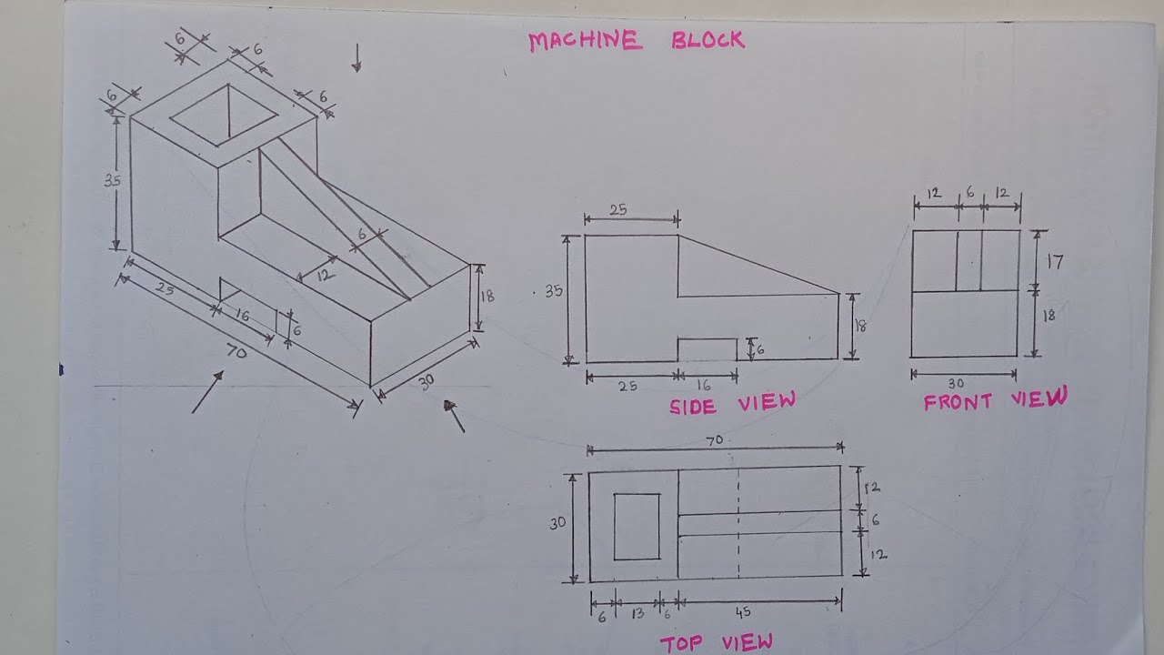 Isometric View 9 And Orthographic Projections Of Machine Block