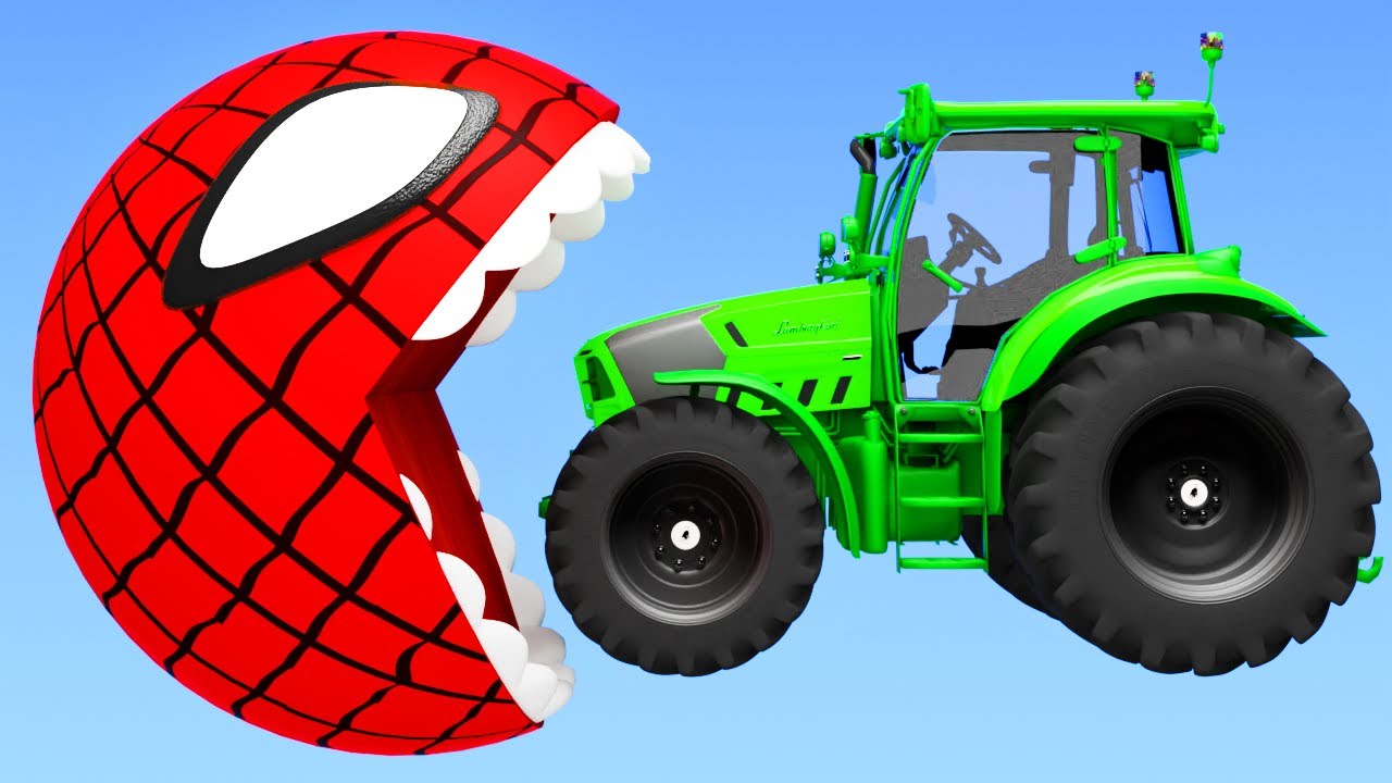 Spider Pacman vs Venom Pacman with Tractor and Bus - YouTube