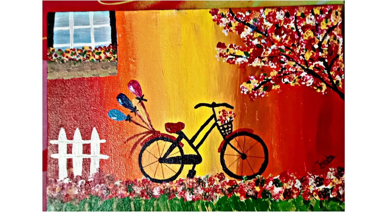 How to make bicycle art on canvas| I draw bicycles with acrylic paint ...