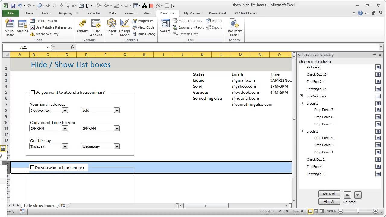 Show hide list boxes using Excel VBA - YouTube
