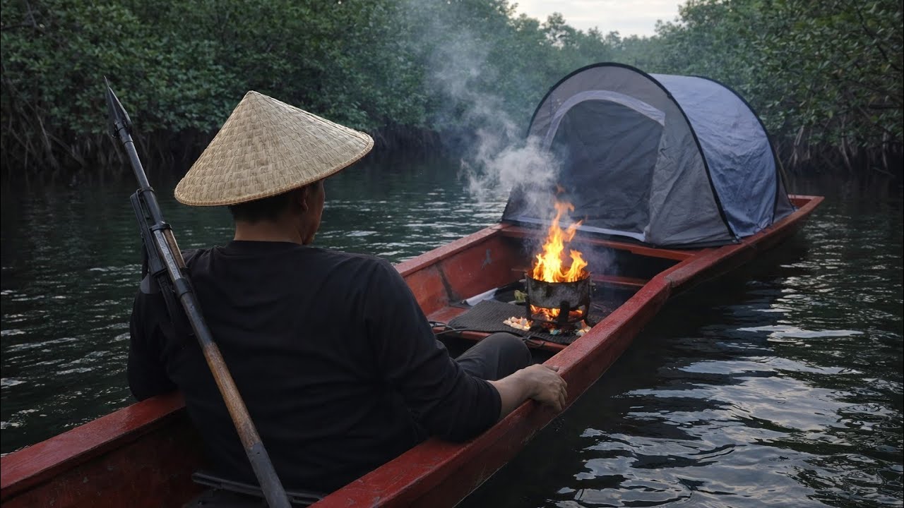 Canoe Camping & Spearfishing in the River | Cozy Wooden Stove - YouTube