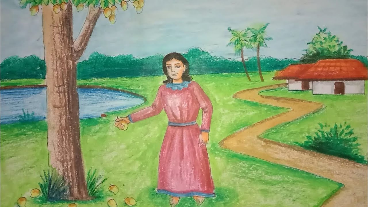 How to draw a girl collecting Mangos | Beautiful scenery drawing step ...