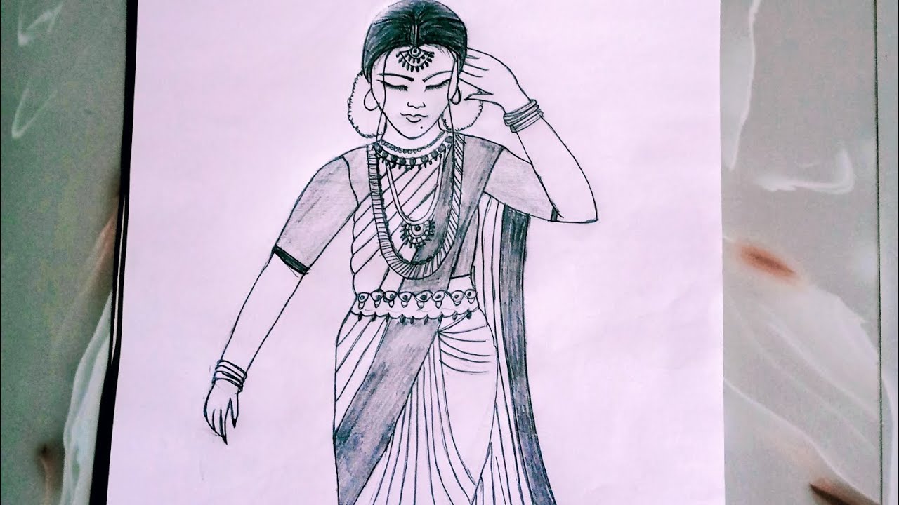 how to draw a traditional Girl with saree easy.|| Saree drawing||girl ...