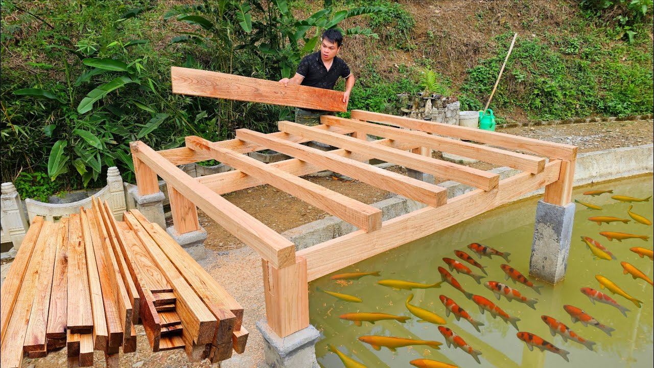 Build a house foundation with wood and concrete on a fish pond - YouTube