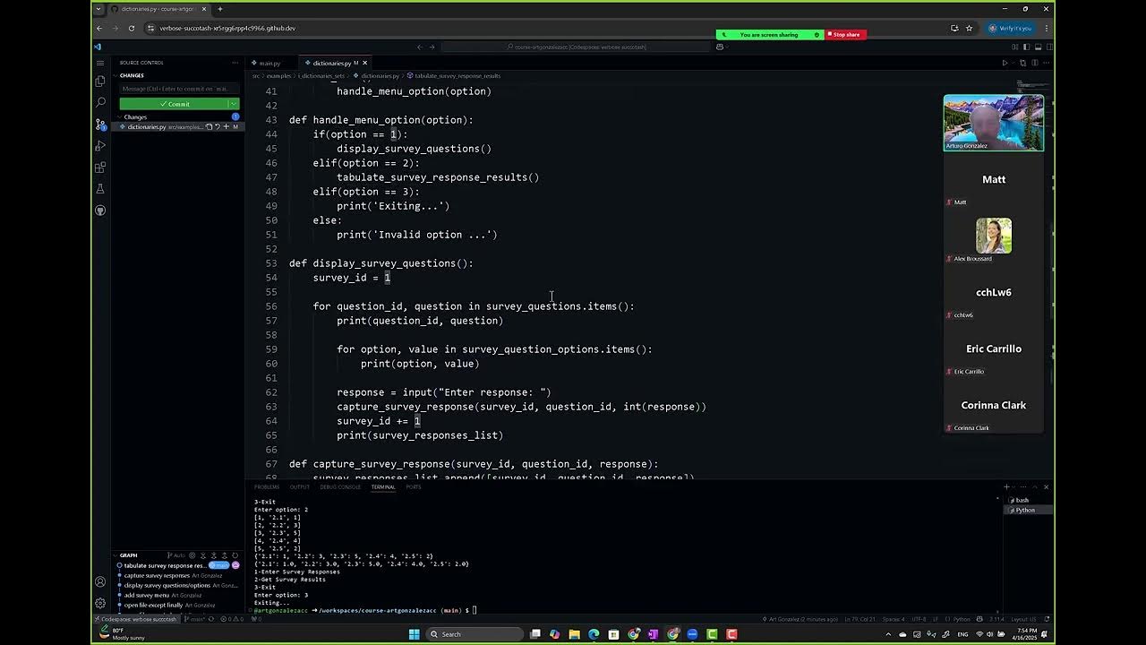 041625 COSC 1336 Python Survey App: Tabulate question/options responses - YouTube