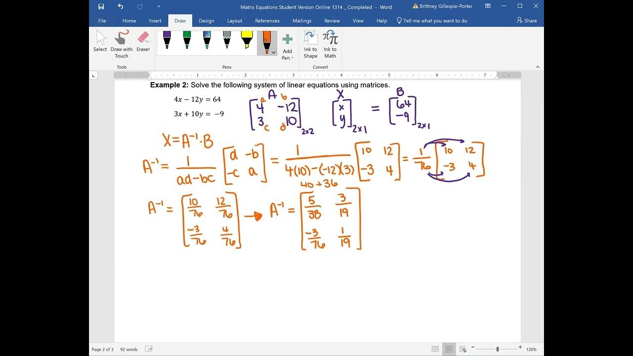 Solving Systems of Linear Equations Using Matrices (Example 1) - YouTube