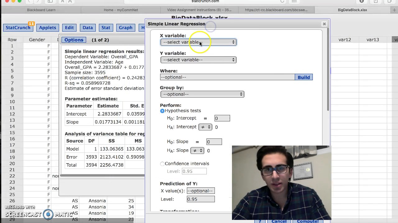 Correlation Coefficient in Stat Crunch - YouTube
