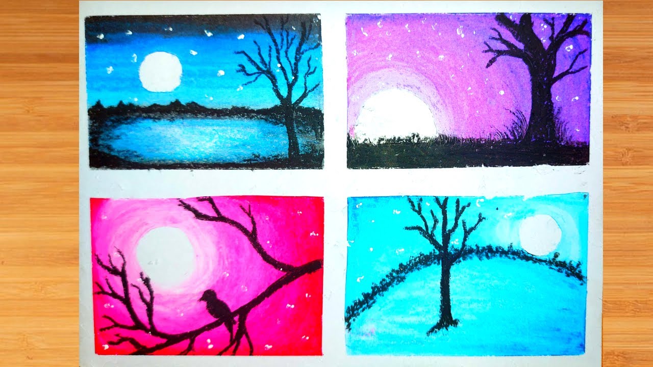Easy 4 Different Scenery Drawing for Beginners | Oil Pastel Drawings ...